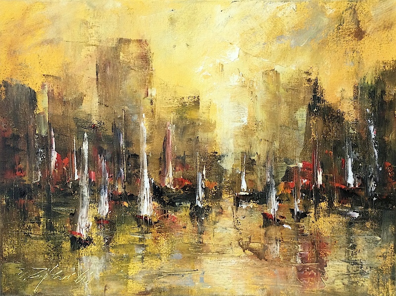 ZAJKOWSKI EUPHORIA ART deco obraz olejny olej na płótnie MIASTO ŻAGLI ...