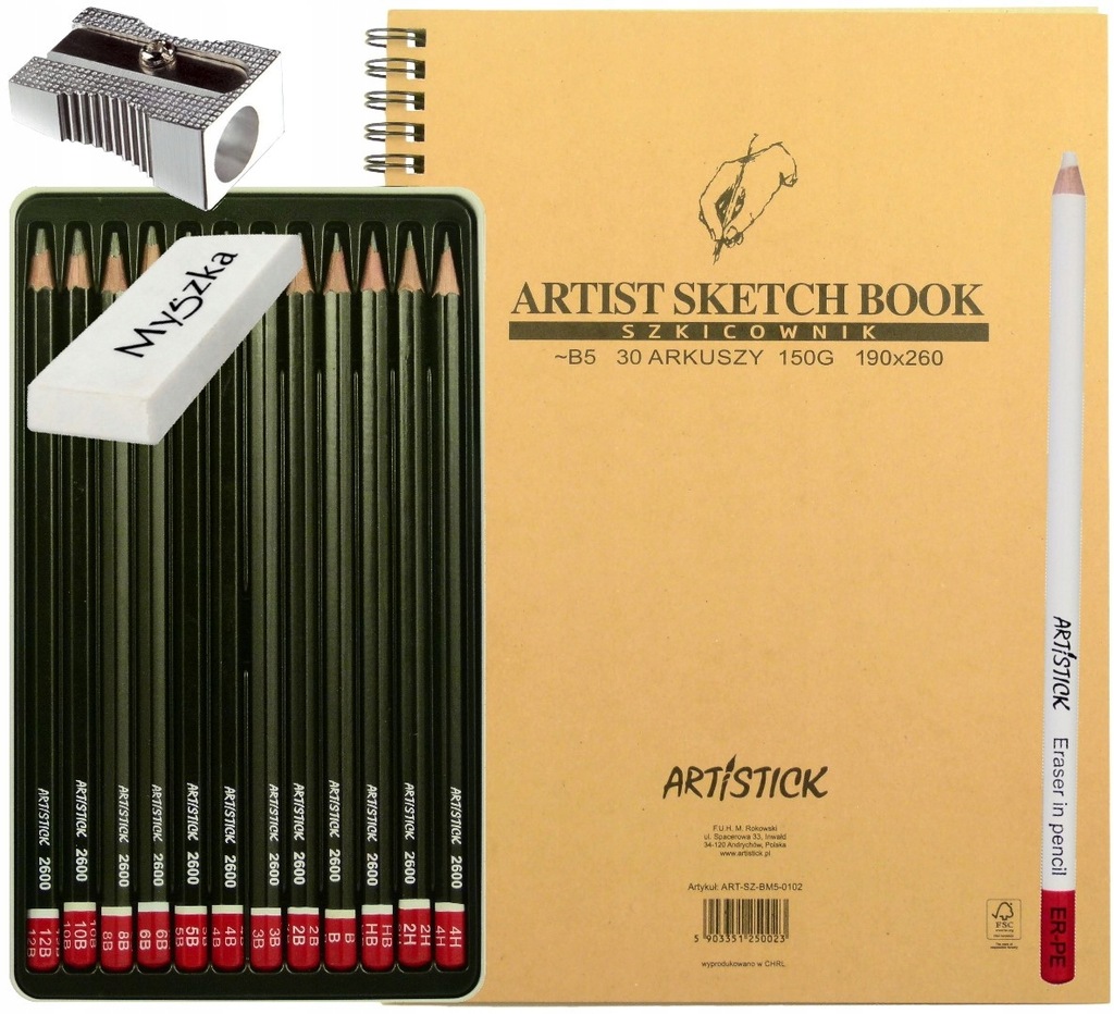 ZESTAW SZKICOWNIK B5 ARTISTICK OŁÓWKI 4H-B12 GUMKA - 9788209912 ...