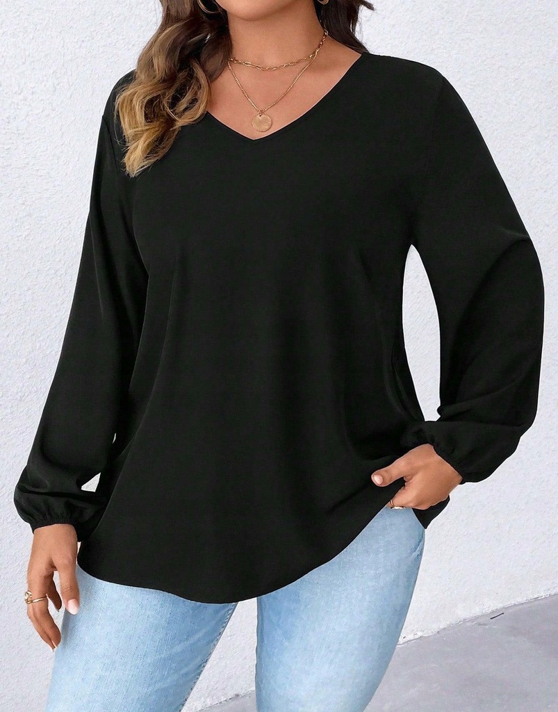 CZARNA LUŹNA GŁADKA BLUZKA Z DŁUGIM RĘKAWEM KORONKA NA PLECACH SHEIN 48 - 15596196498 ...