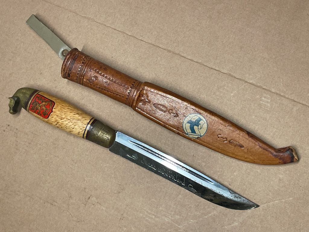 Stary duży Nóż fiński PUUKKO z głową konia głownia sygnowana z pochwą ...