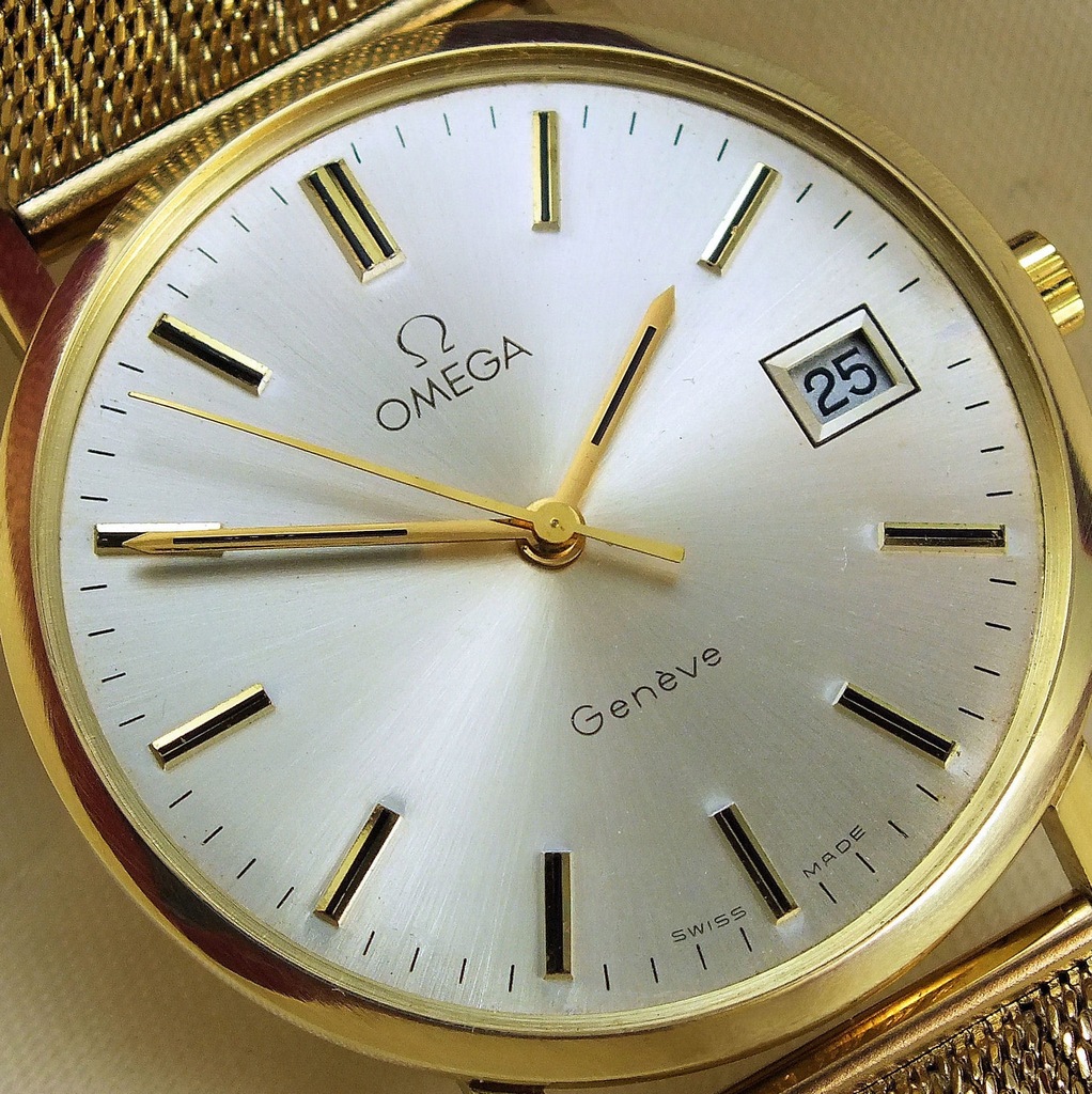 OMEGA 14K 585 Lite ZŁOTO zegarek DUŻA XL SILVER SOLAR DOSKONAŁY STAN ...