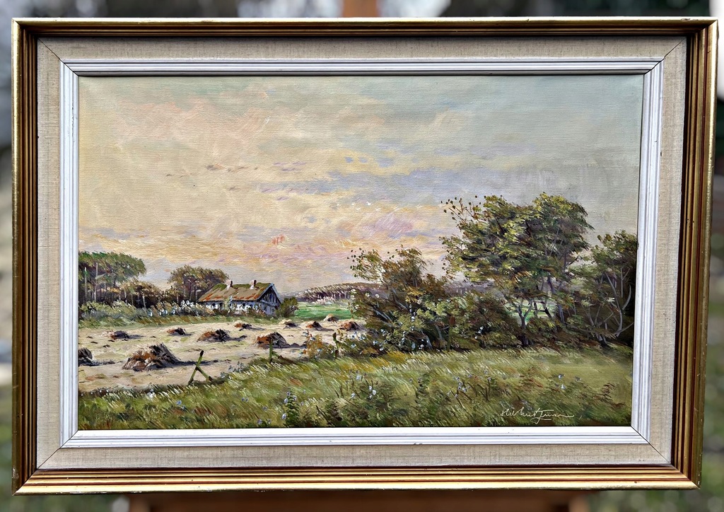 HILBERT JENSEN (1911-?) SNOPKI SIANA PEJZAŻ CIEKAWY OBRAZ OLEJNY ...