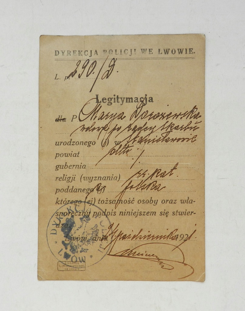 POLICJA PAŃSTWOWA II RP - ORYGINALNA LEGITYMACJA DYREKCJA POLICJI LWÓW 1921 - 16878157024 ...