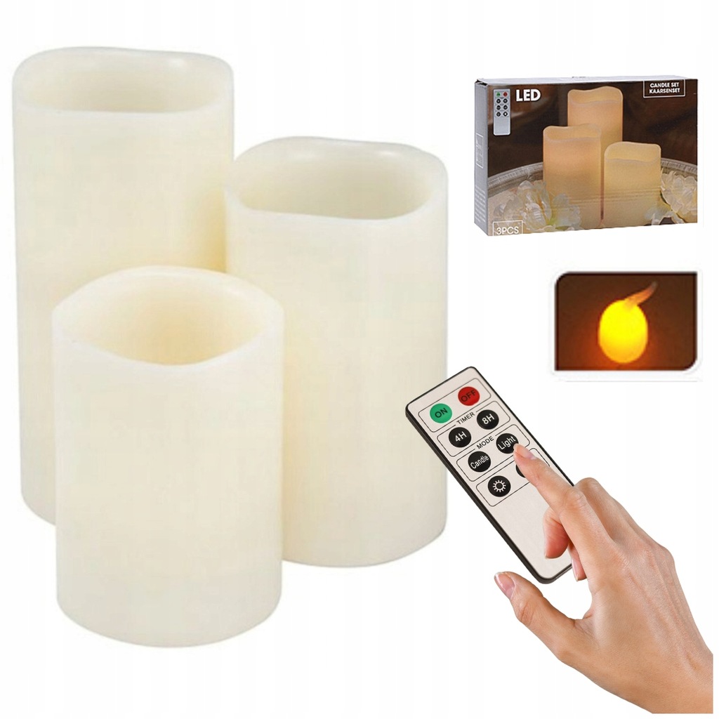 Świece LED na pilot baterie woskowe naturalne 3 - 12980916303 ...