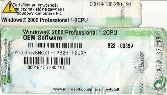 WINDOWS 2000 PROFESSIONAL / NAKLEJKA Z KLUCZEM - 12184131325 ...
