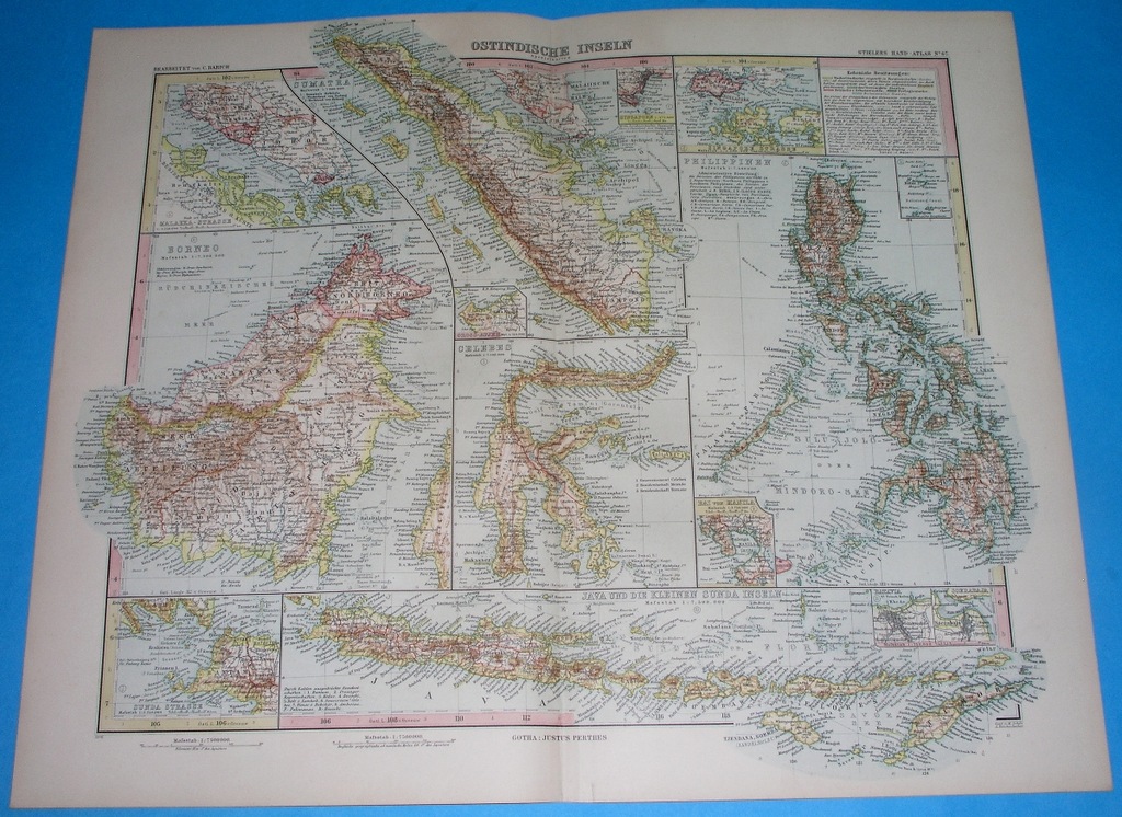 1908 oryginał MAPA AZJA WYSPY INDONEZJA FILIPINY JAWA BORNEO SUMATRA ...