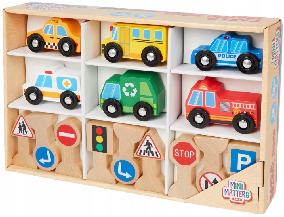 DREWNIANE SAMOCHODZIKI ZNAKI AUTKA ZESTAW IDEALNY PREZENT DLA 3 LATKA ...