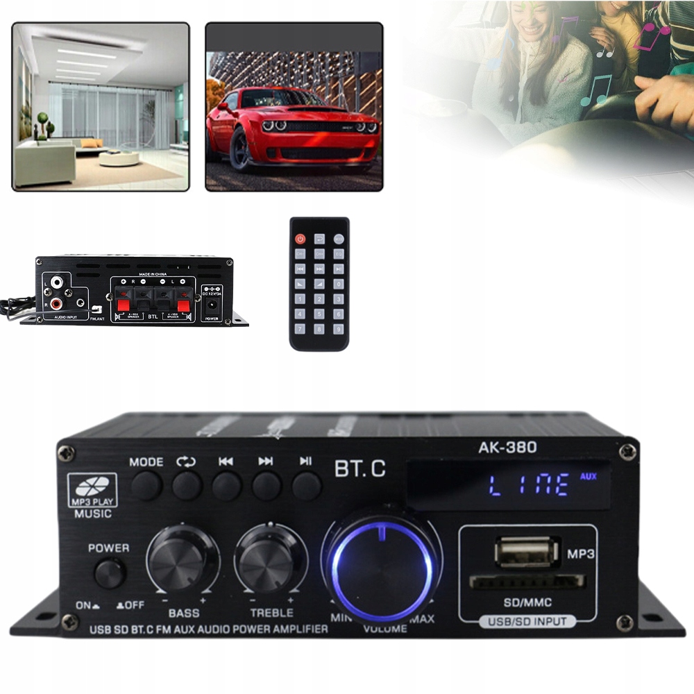 WZMACNIACZ BLUETOOTH HIFI STEREO, 2-KANAŁOWY MINI WZMACNIACZ AUDIO, CZARNY - 15311151689 ...