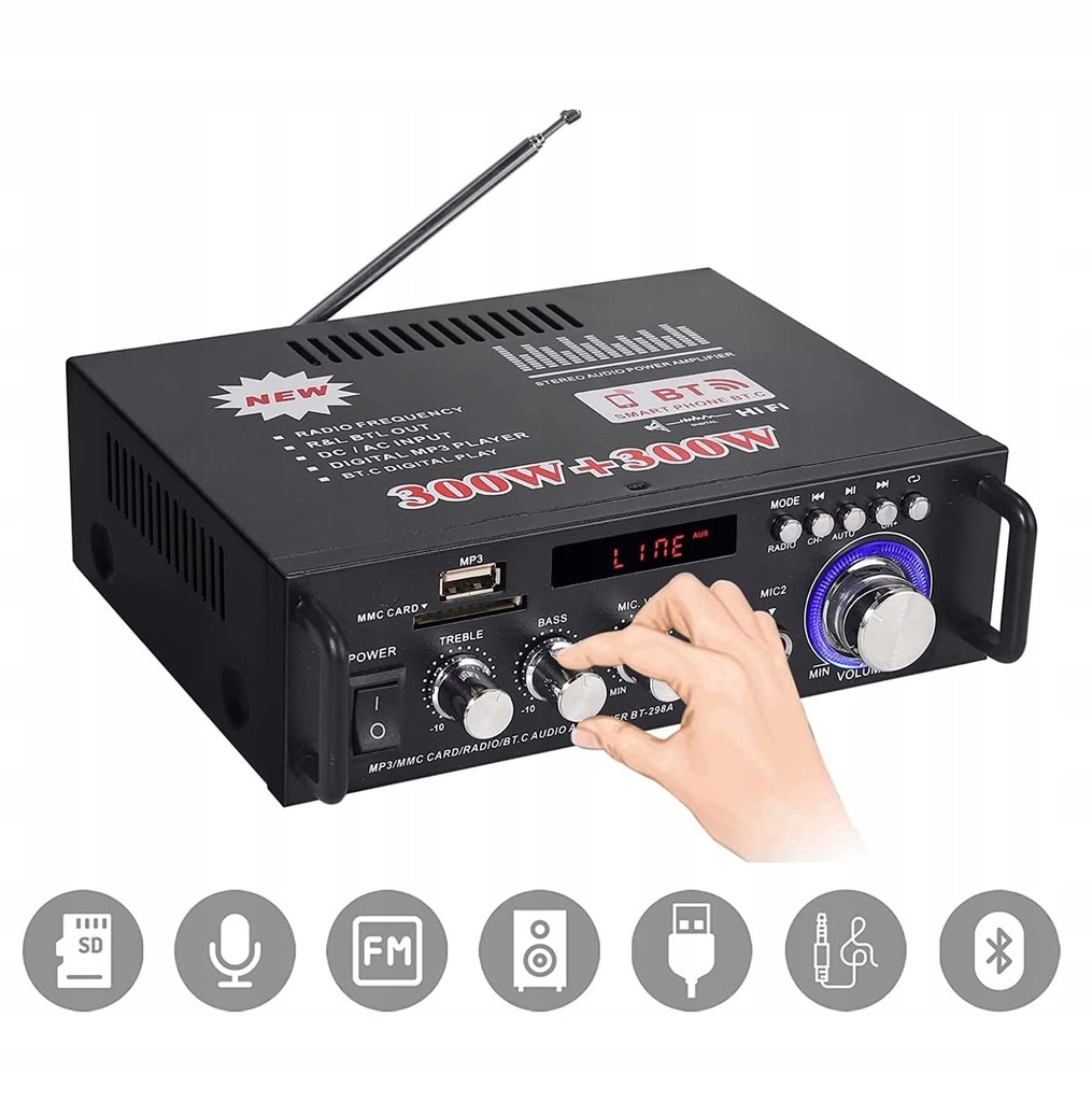 AMPLITUNER STEREO WZMACNIACZ BLUETOOTH USB 2x300W - 15431352266 - oficjalne archiwum Allegro