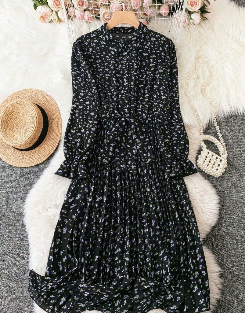 CZARNA ROZKLOSZOWANA KLASYCZNA SUKIENKA MIDI WZÓR KWIATY SHEIN 54 - 15259323639 - oficjalne ...