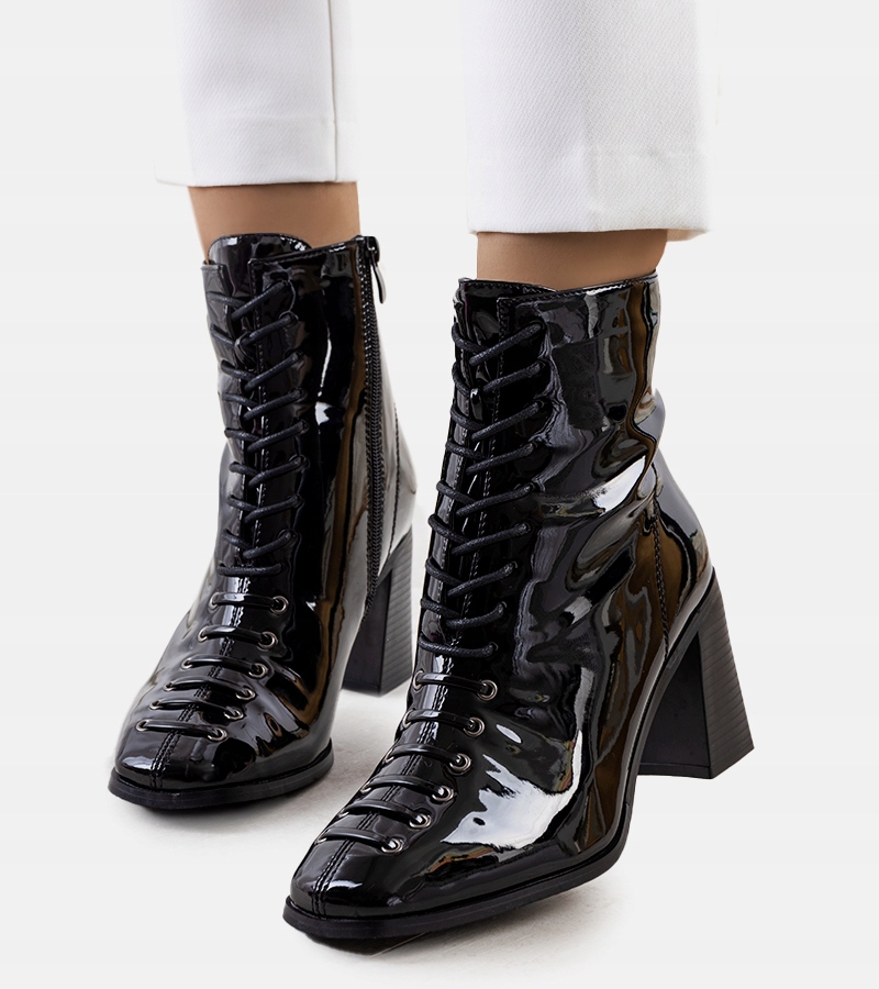 Czarne botki obcas słupek lakierowane 3760 38 - 12717624285 - oficjalne archiwum Allegro