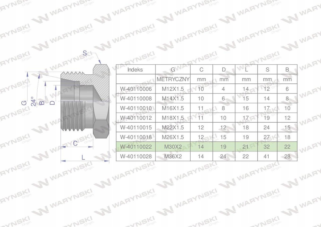 Korek hydrauliczny metryczny (na klucz) M30x2 22L - 12668935192 ...