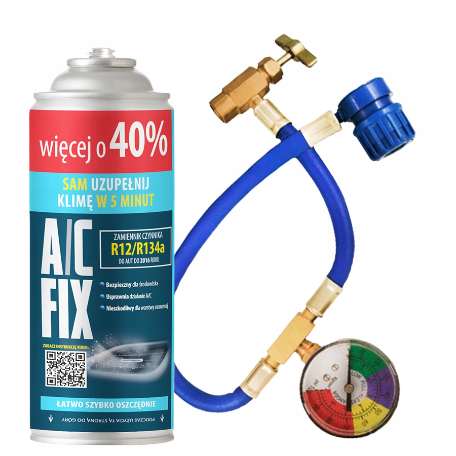 A/C FIX Gaz do klimatyzacji R134A 40% WIĘCEJ 626g + Przewód z ...