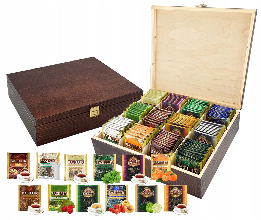Zestaw herbat Basilur 12 SMAKÓW 120 torebek + brązowa herbaciarka z ...
