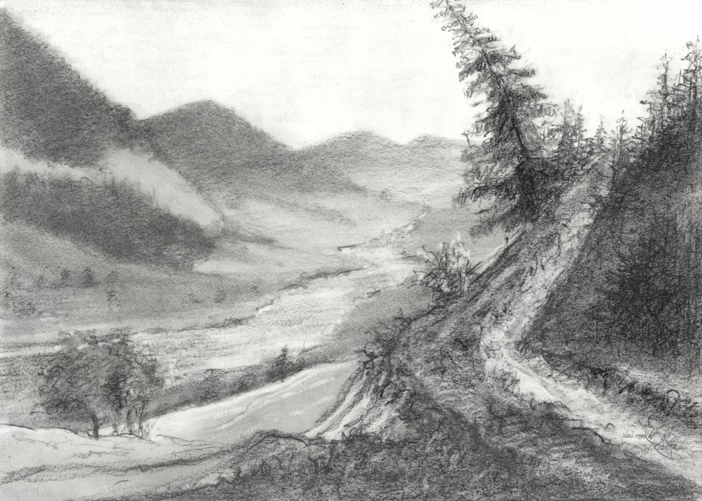 Nad rzeką Rysunek ołówkiem Pejzaż z drzewami Góry - 8083244572 ...