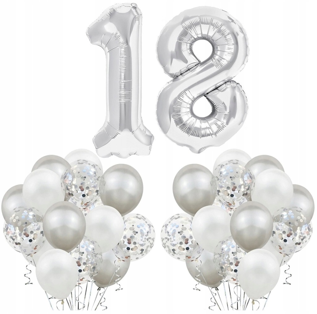 Zestaw SREBRNY BALON na 18 URODZINY rocznicę gody szare białe konfetti - 9616274266 - oficjalne ...