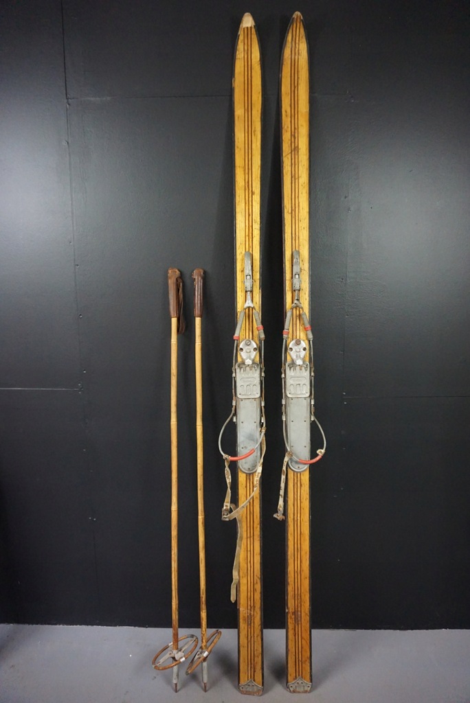Stare narty drewniane z kijkami bambus zabytkowe - 14089776671 ...
