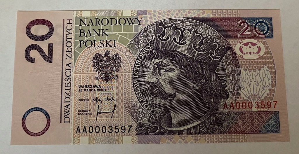 Banknot 20 zł Chrobry 1994 Numer: AA0003597 - 13908636252 - oficjalne ...