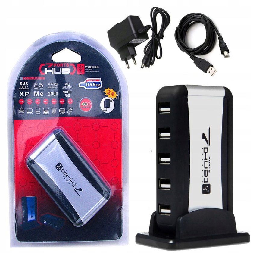 7 portów USB AKTYWNY HUB Rozdzielacz + Zasilacz 2A - 11286913351 ...