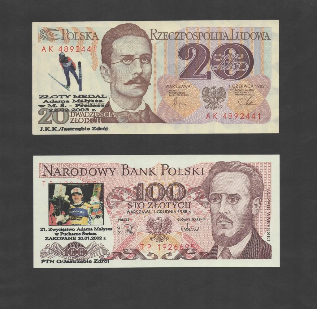 BANKNOTY PRL Z NADRUKIEM ADAM MAŁYSZ , 2 sztuki . - 12636379304 ...