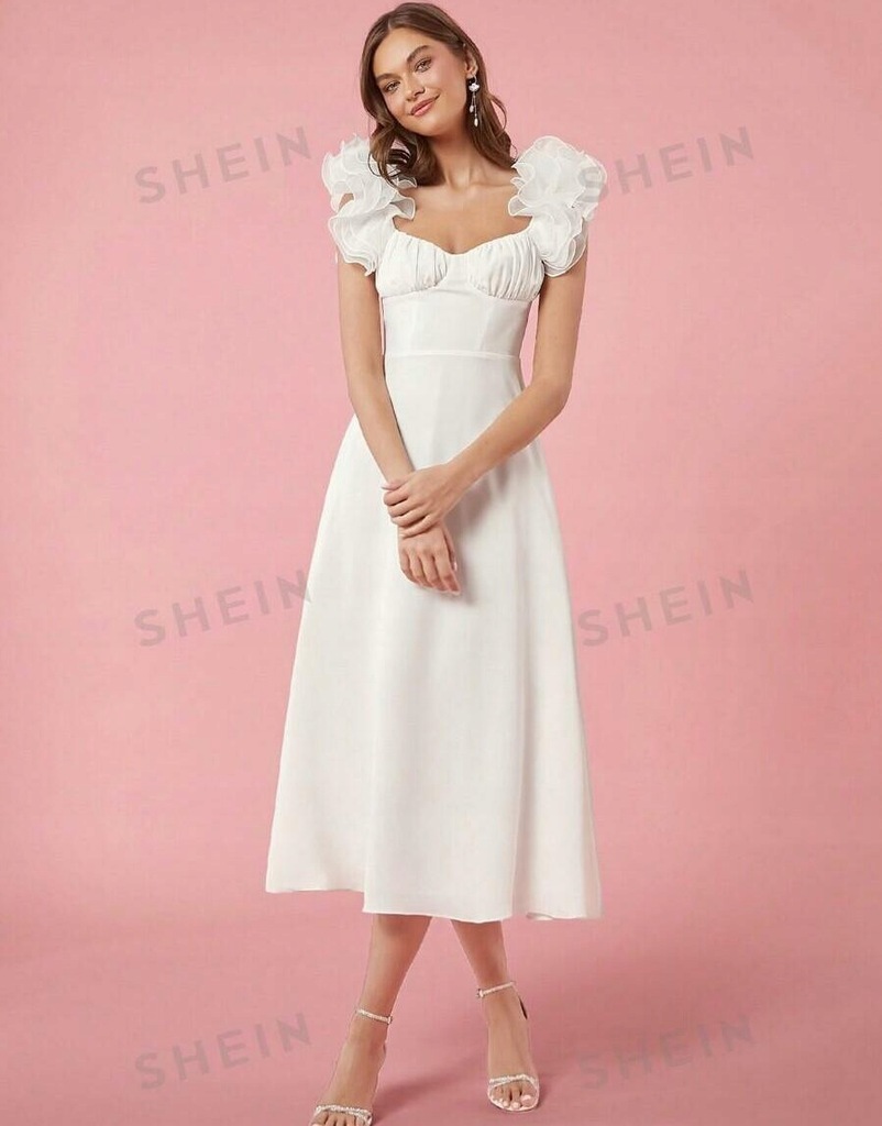 BIAŁA SUKIENKA MIDI KOKTAJLOWA KRÓTKI RĘKAW FALBANY MARSZCZENIE SHEIN 36 - 17412344268 ...