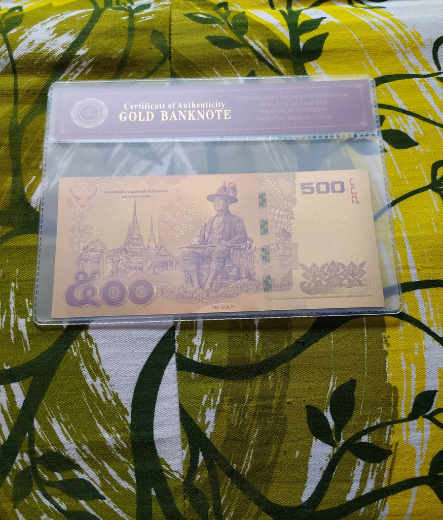 Banknot złoto 24k 500 Batów Tajlandia Certyfikat - 9281608759 - oficjalne archiwum Allegro