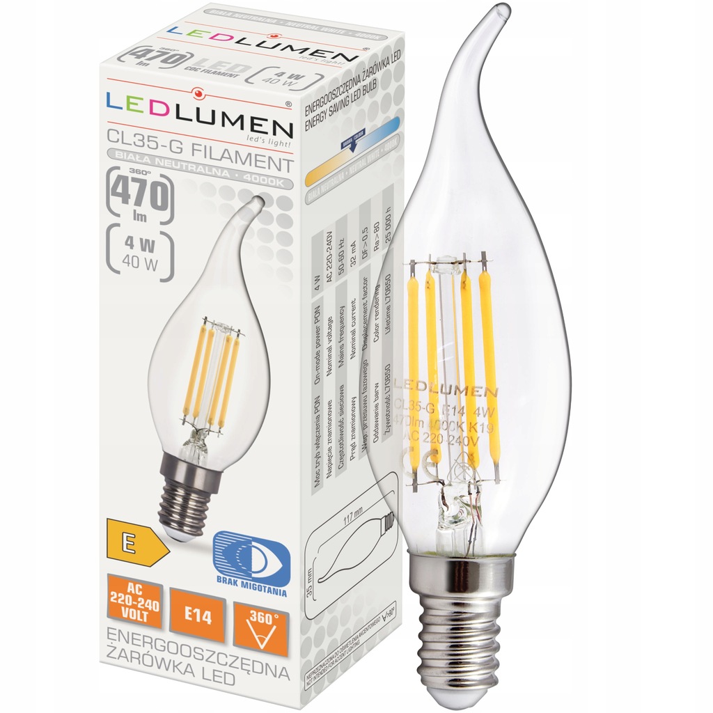 Żarówka LED E14 ŚWIECZKA 4W=40W Filament 470lm Ozdobna Brak Migotania 4000K - 14569078853 ...