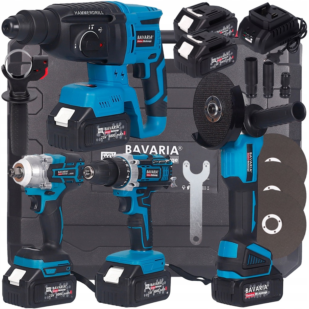 ZESTAW NARZĘDZI AKUMULATOROWYCH 21V 4w1 + WKRĘTARKA MŁOTEK SZLIFIERKA ...
