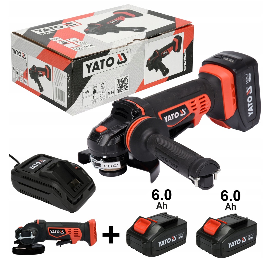 YATO SZLIFIERKA KĄTOWA 18V 125mm + 2xAKU 6AH + ŁAD - 11389779600 - oficjalne archiwum Allegro