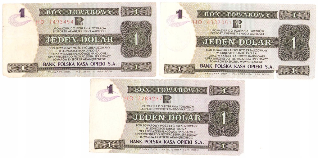 PRL. Pewex - Bon Towarowy - 1 dolar 1979 – 3 szt - 13433454460 ...