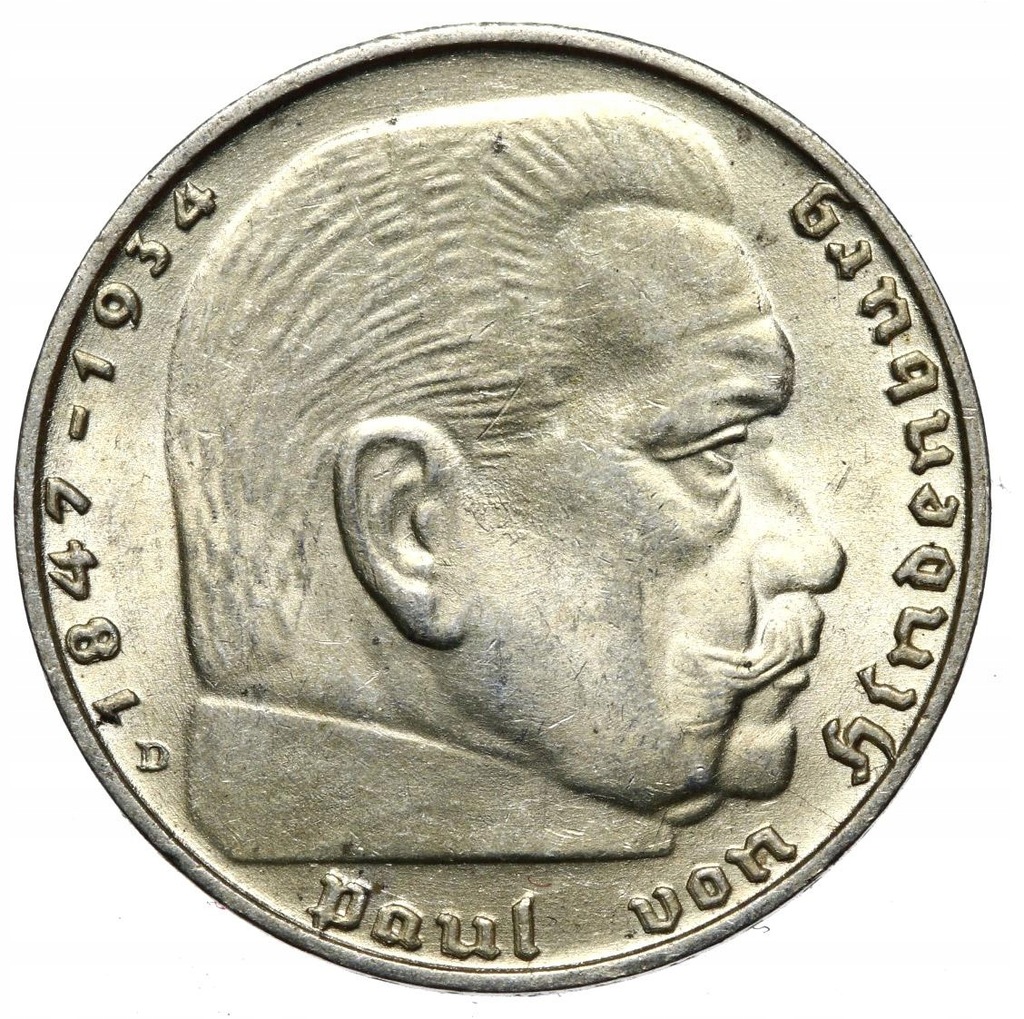 III Rzesza - moneta - 2 Marki 1939 D HINDENBURG SREBRO Stan MENNICZY ...