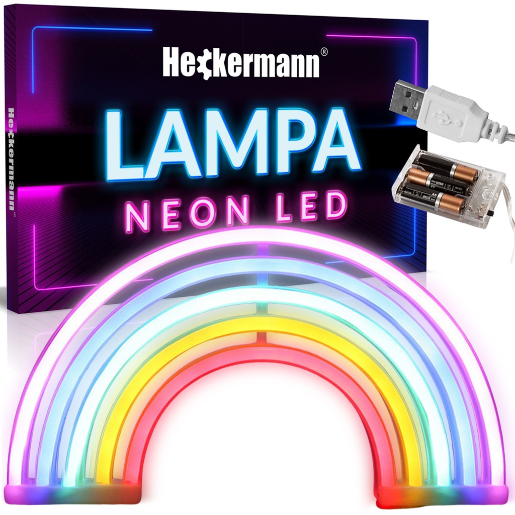 NEON LED WISZĄCY LAMPKA ŚCIENNA TĘCZA USB 3xAA - 12854153850 ...