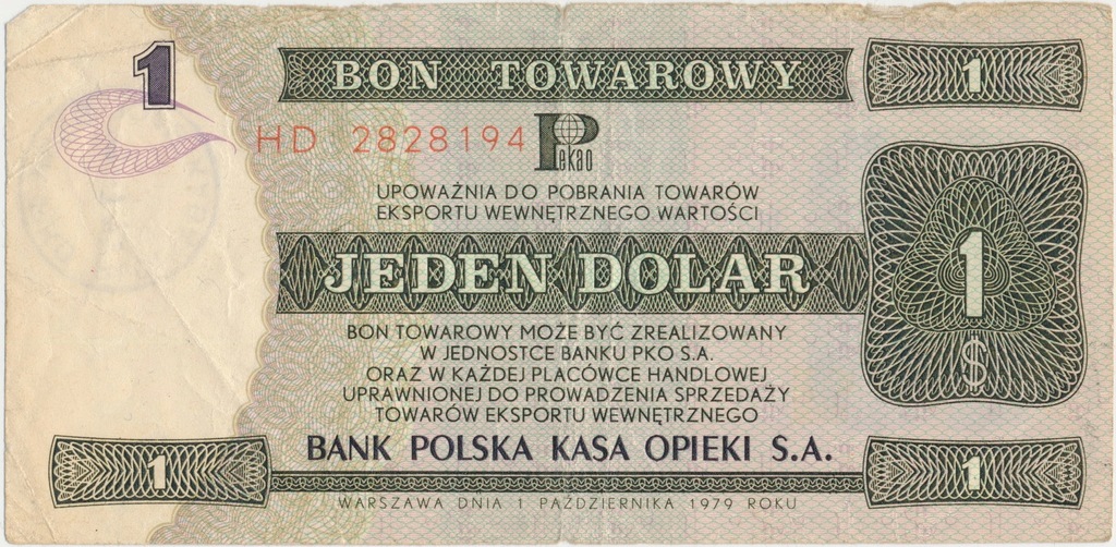 4130. PEWEX Bon Towarowy 1 dolar 1979 st.4 - 13952594845 - oficjalne ...
