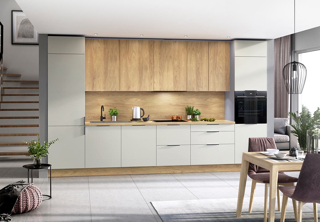 Zestaw Meble Kuchenne Modułowe na Wymiar Beż Mat z Blatem Dąb Hikora ...