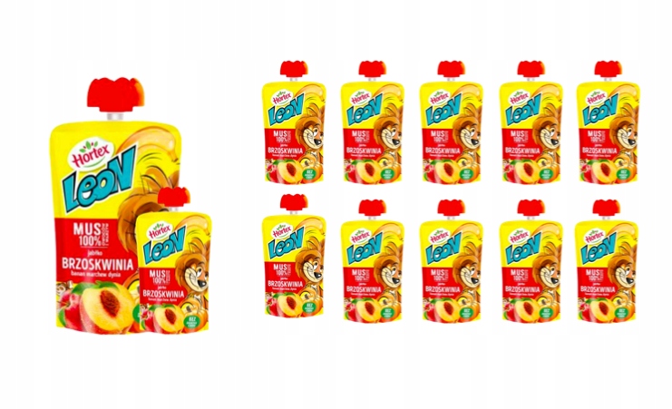 MUS OWOCOWY LEON HORTEX BRZOSKWINIA 100G x12 - 11471976610 - oficjalne archiwum Allegro