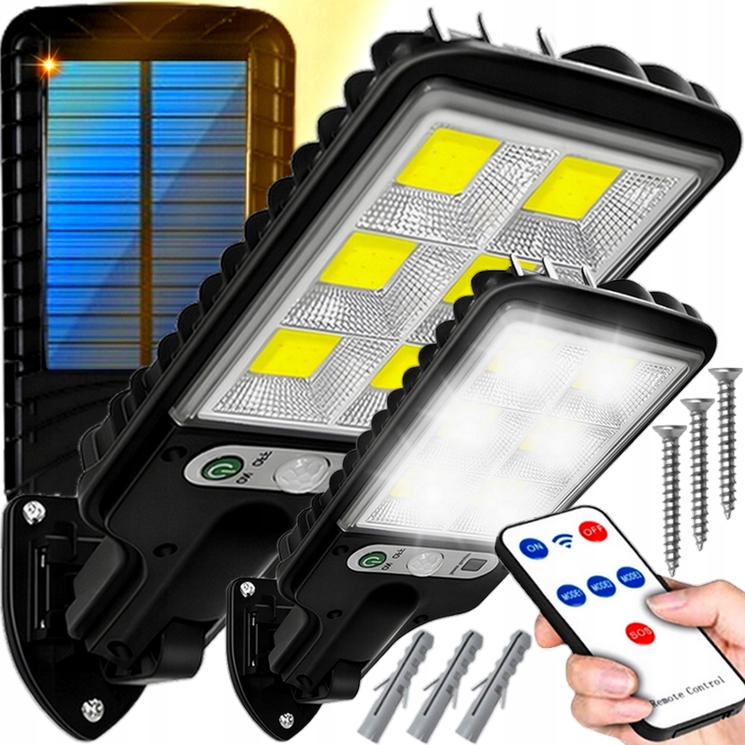 MOCNA LAMPA SOLARNA Z CZUJNIKIEM RUCHU I ZMIERZCHU LED COB 200W + PILOT - 14450266082 ...