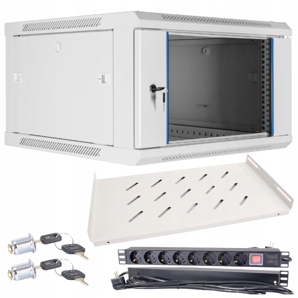 SZAFA RACK 6U 19 CALI 600X600 WISZĄCA DO ZŁOŻENIA + półka + listwa zas ...