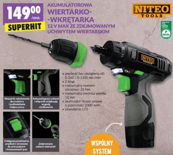 Wiertarko-wkrętarka NITEO 12V 2000mAh 2xAkumulator - 9476407951 - oficjalne archiwum Allegro