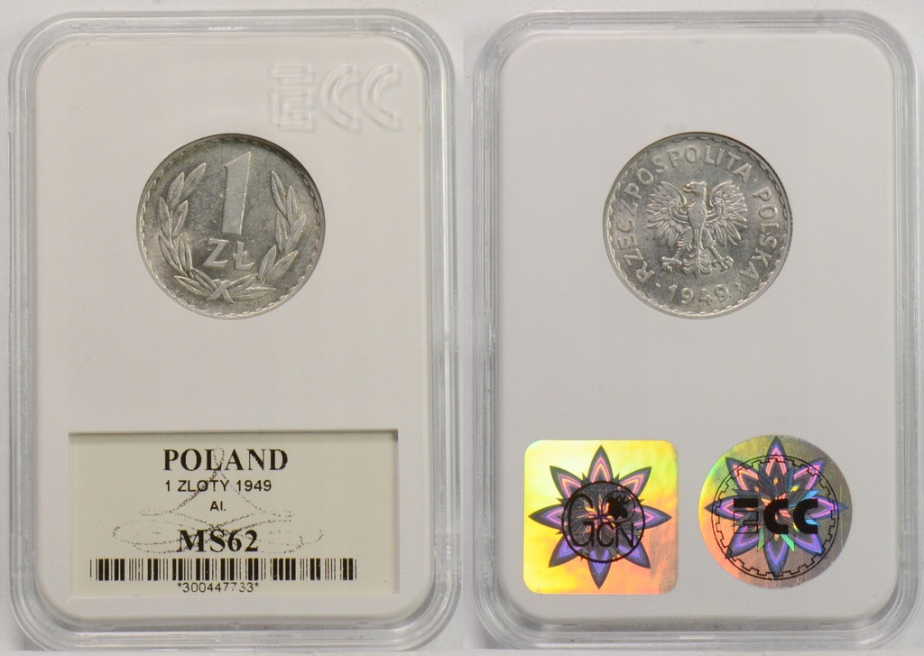 AJ. 1 ZŁOTY 1949 ALUMINIUM MS62 28.06 - 13922206890 - oficjalne archiwum Allegro