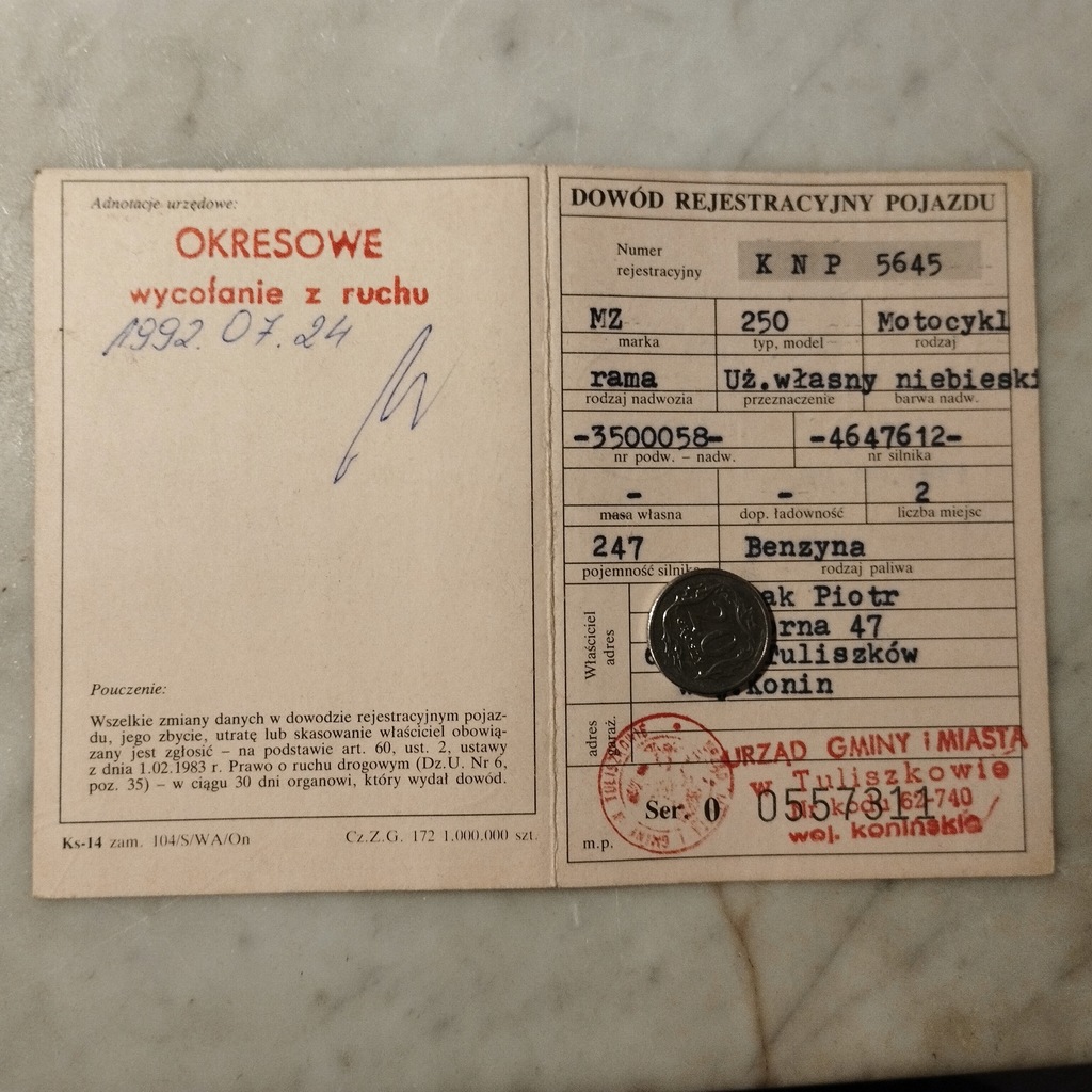 Kolekcjonerski dowód rejest-MZ ETZ 250 1985r - 12711618830 - oficjalne archiwum Allegro