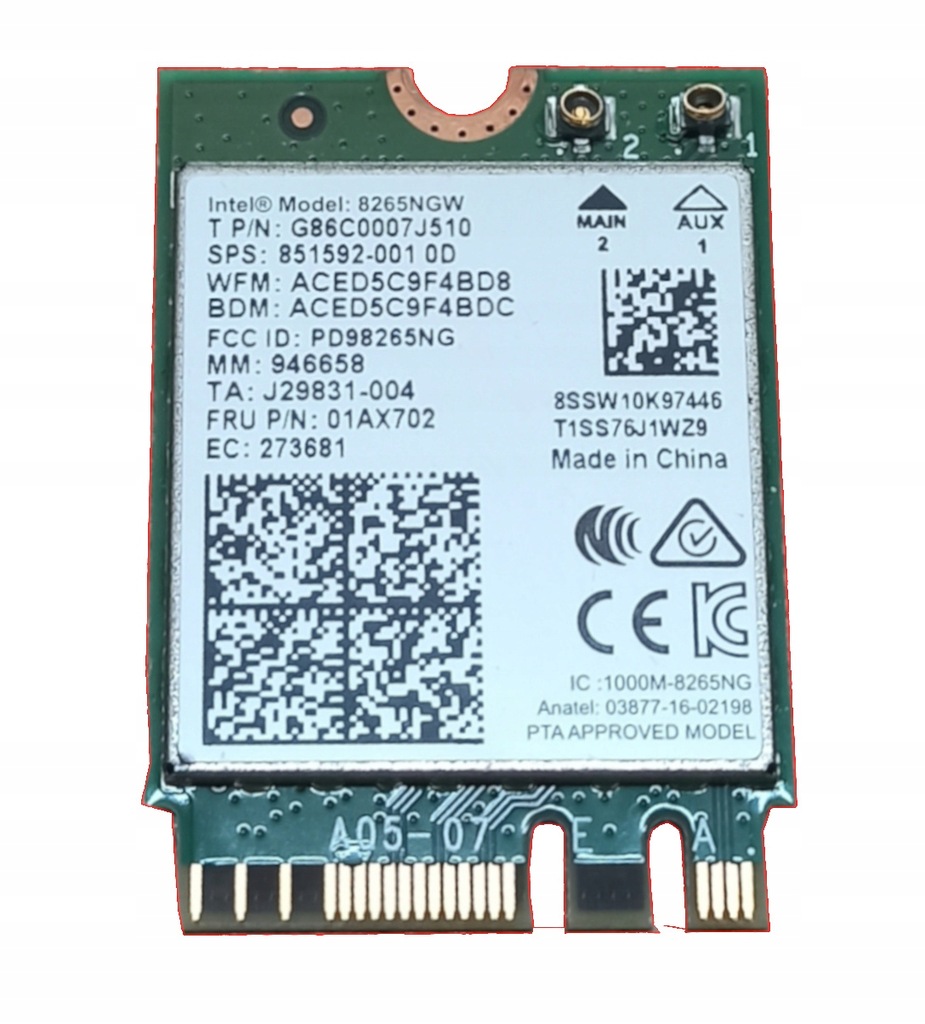 Karta sieciowa Wi-Fi Intel Dual Band 8265NGW 01AX702 Lenovo ThinkPad ...