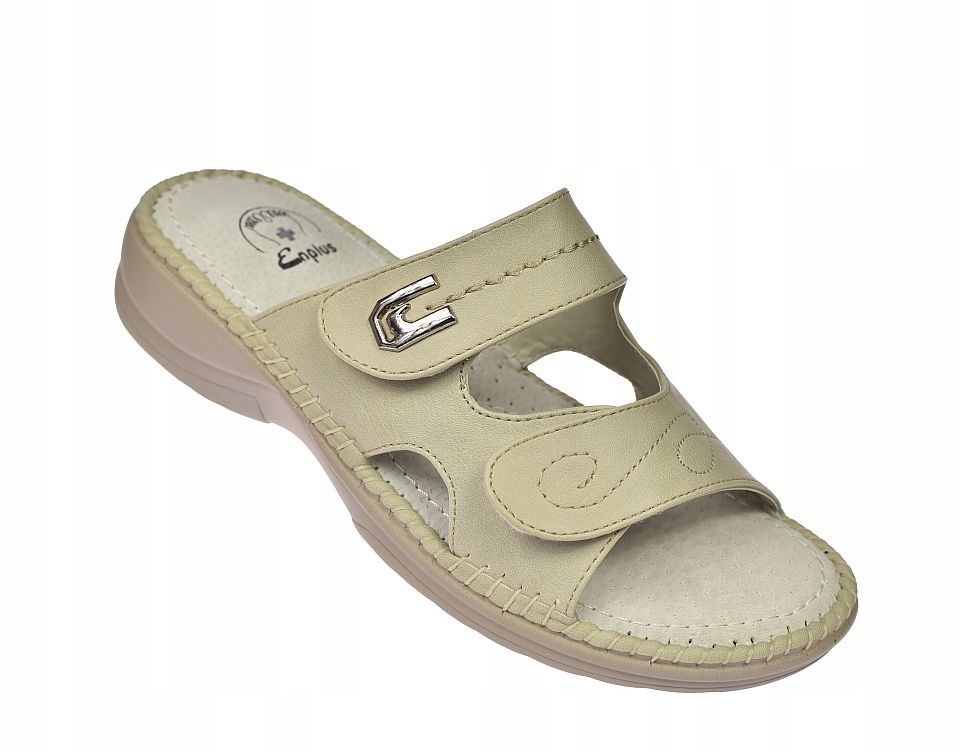 Klapki damskie medyczne na koturnie skóra wkładka Enplus RS008 beż rozm. 41 - 13211599364 ...