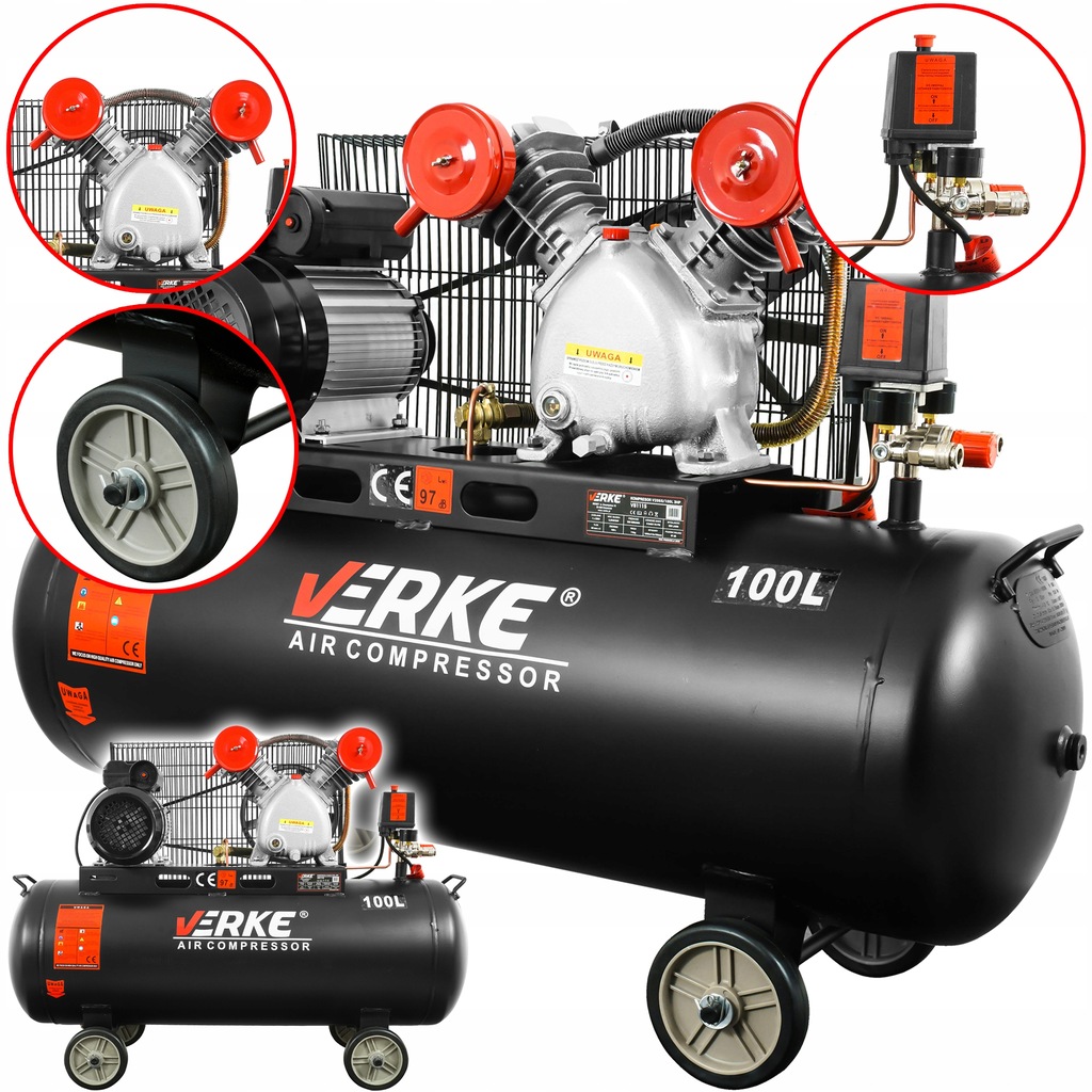 KOMPRESOR OLEJOWY SPRĘŻARKA POWIETRZA 100L V2 DWU TŁOKOWY 3KM 250L/MIN ...