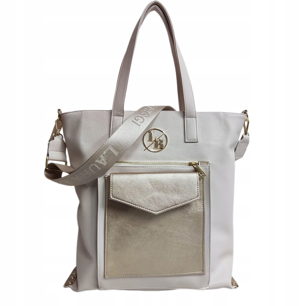 Torebka shopper Laura Biaggi beż złota na ramię A4 - 13562565374 - oficjalne archiwum Allegro