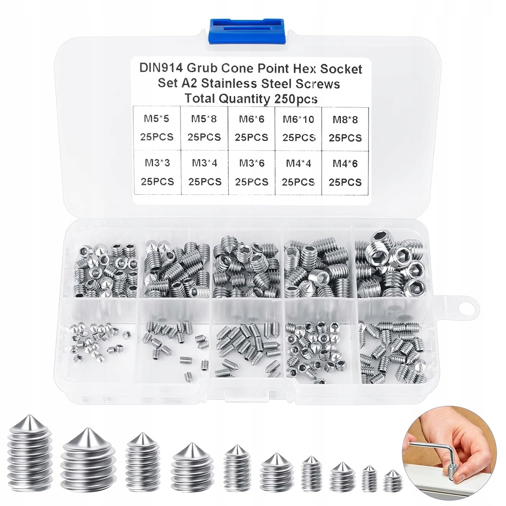 Wkręt dociskowy, imbusowy, z łbem stożkowym, 250 sztuk, M3, M4, M5, M6, M8, - 15914806330 ...