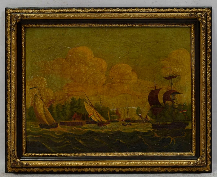 XIX w. Stary obraz statki na morzu olej 74x60 cm - 13886899034 ...