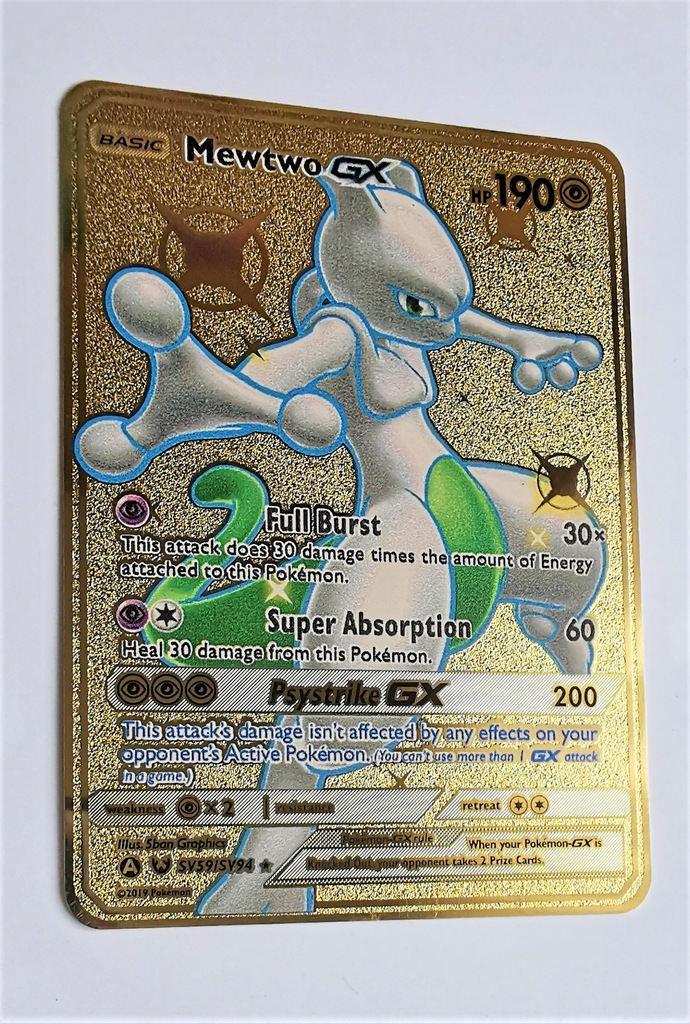 Pokemon Shiny Mewtwo GX Gold Złota Metalowa Karta - 13297971737 ...