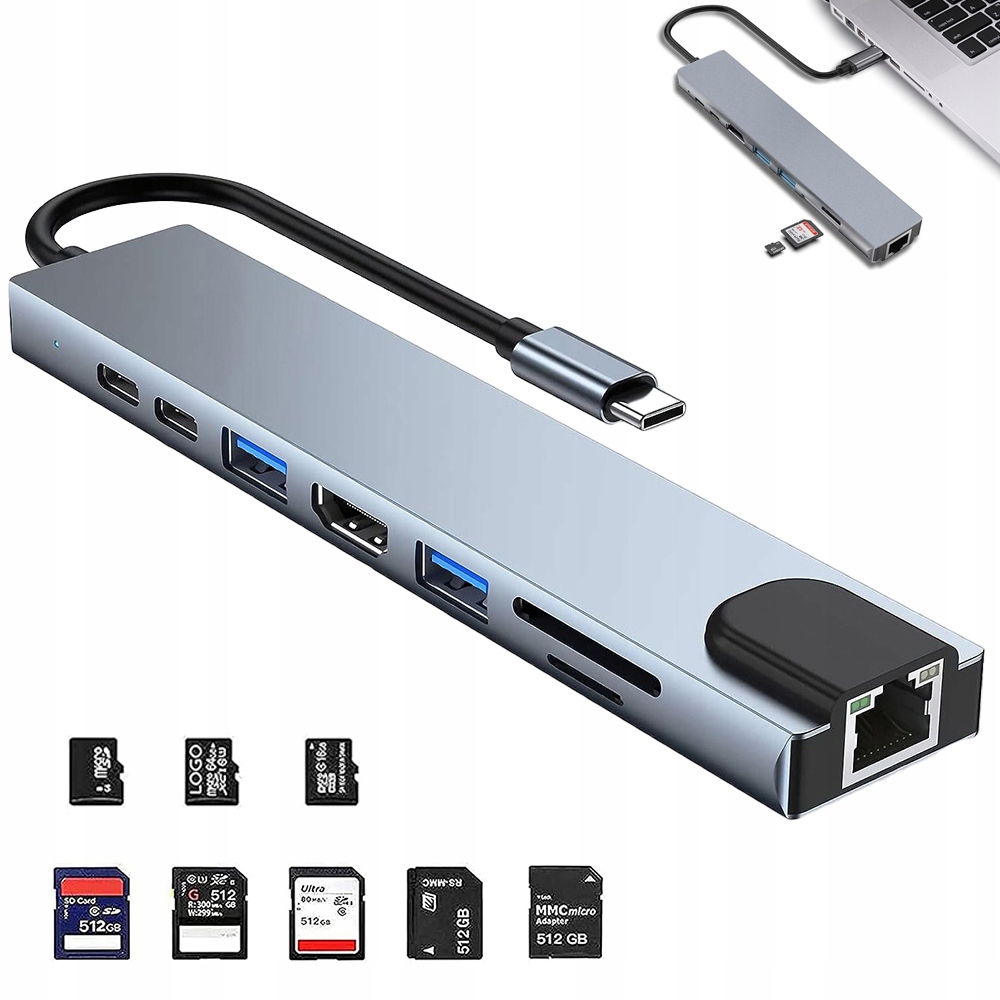 ADAPTER HUB 8W1 USB-C HDMI ETHERNET KARTA PAMIĘCI SD KARTA SIECIOWA 100W - 14782181898 ...