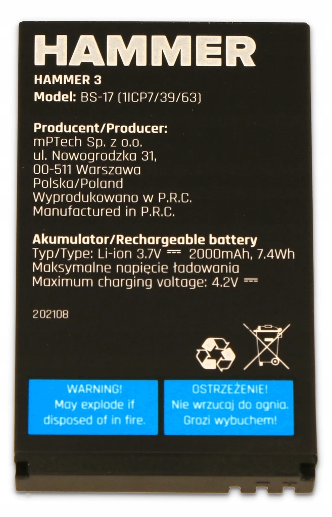 Oryginalna Bateria MyPhone BS-17 do Hammer 3 / 3+ 2000mAh MPtech ...