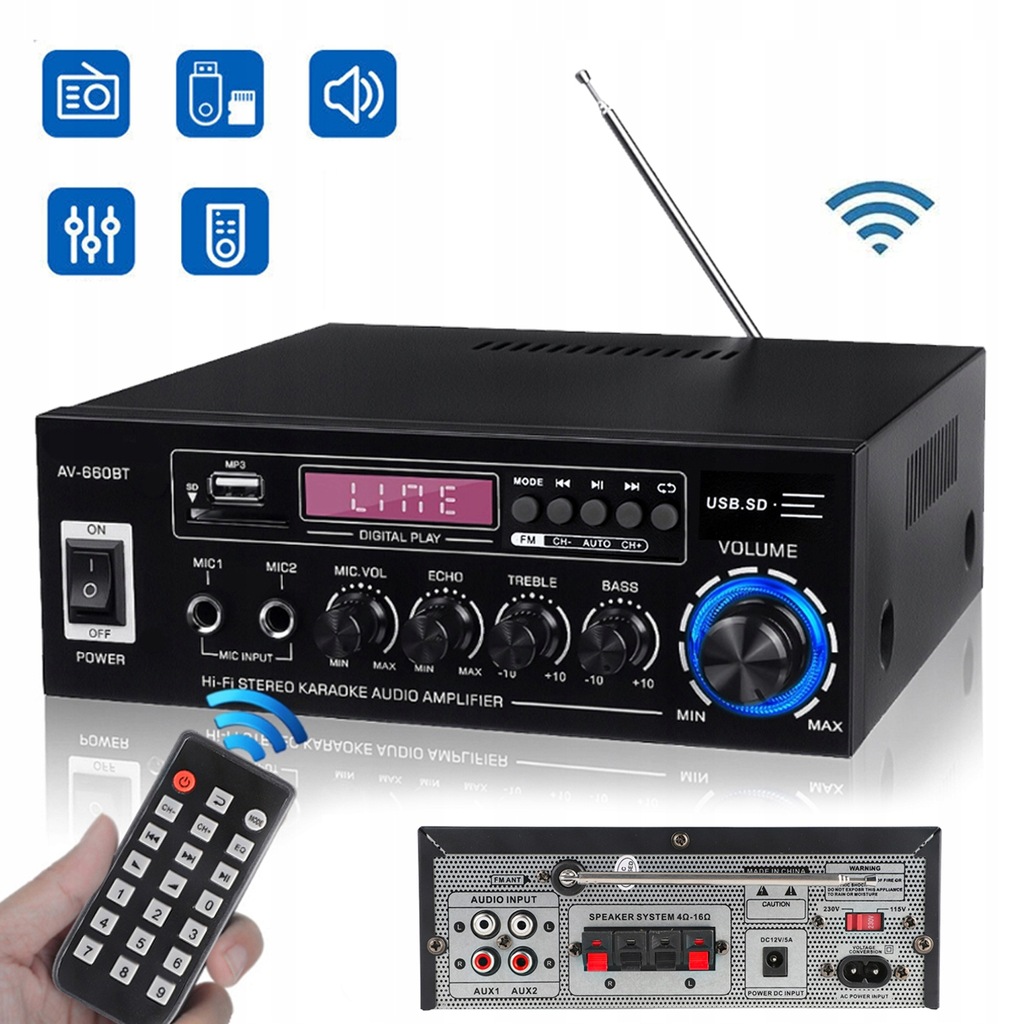 WZMACNIACZ STEREO HIFI BLUETOOTH 5.0 KANAŁ 2.0 230V ODTWARZACZ AUDIO+PILOT - 14706225360 ...